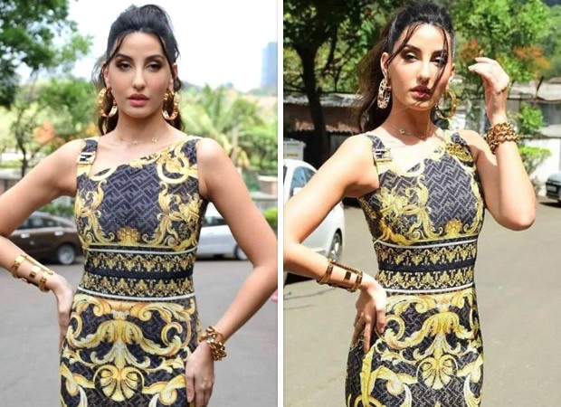 Nora Fatehi raises temperature in Rs. 14 Lakh baroque print tea-length ...