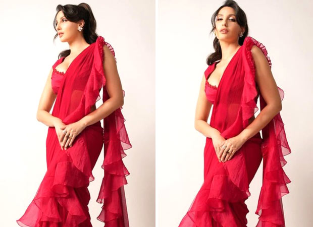 Nora Fatehi looks quite the stunner in red ruffled saree by Ridhi Mehra ...